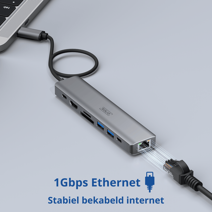 Rolio USB C Hub - 8 in 1 - 4K 60hz HDMI - 1Gbps Ethernet - USB 3.0 - U