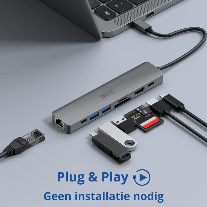 Rolio USB C Hub - 8 in 1 - 4K 60hz HDMI - 1Gbps Ethernet - USB 3.0 - U
